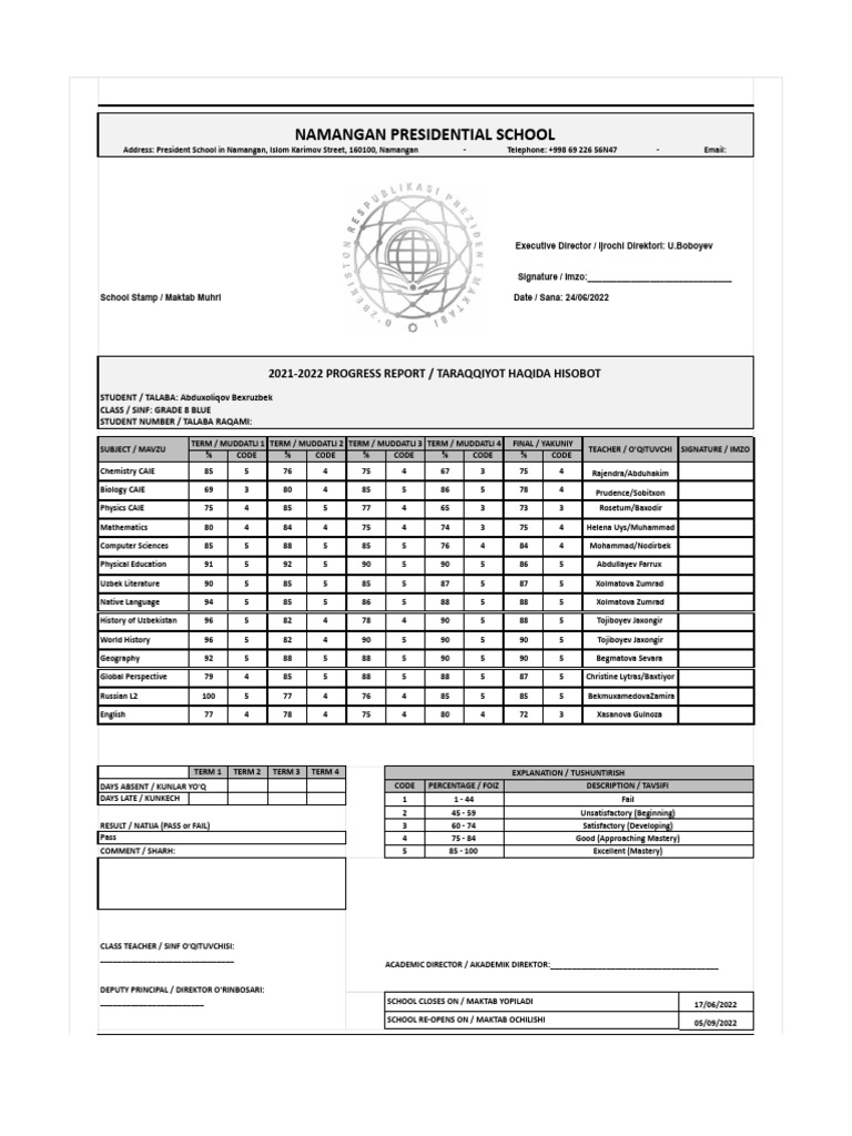 Grade 8 Blue Final Term 1 Acdemic Reports Final Nps 2021 2022 | PDF ...