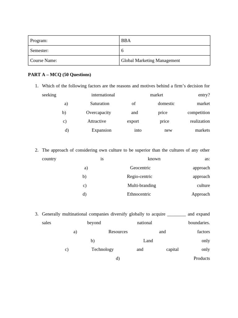 Global Marketing Management MCQs | PDF | Marketing | Dumping (Pricing ...
