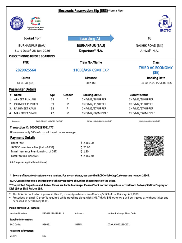 11058/ASR CSMT EXP Third Ac Economy (3E) | PDF | Identity Document