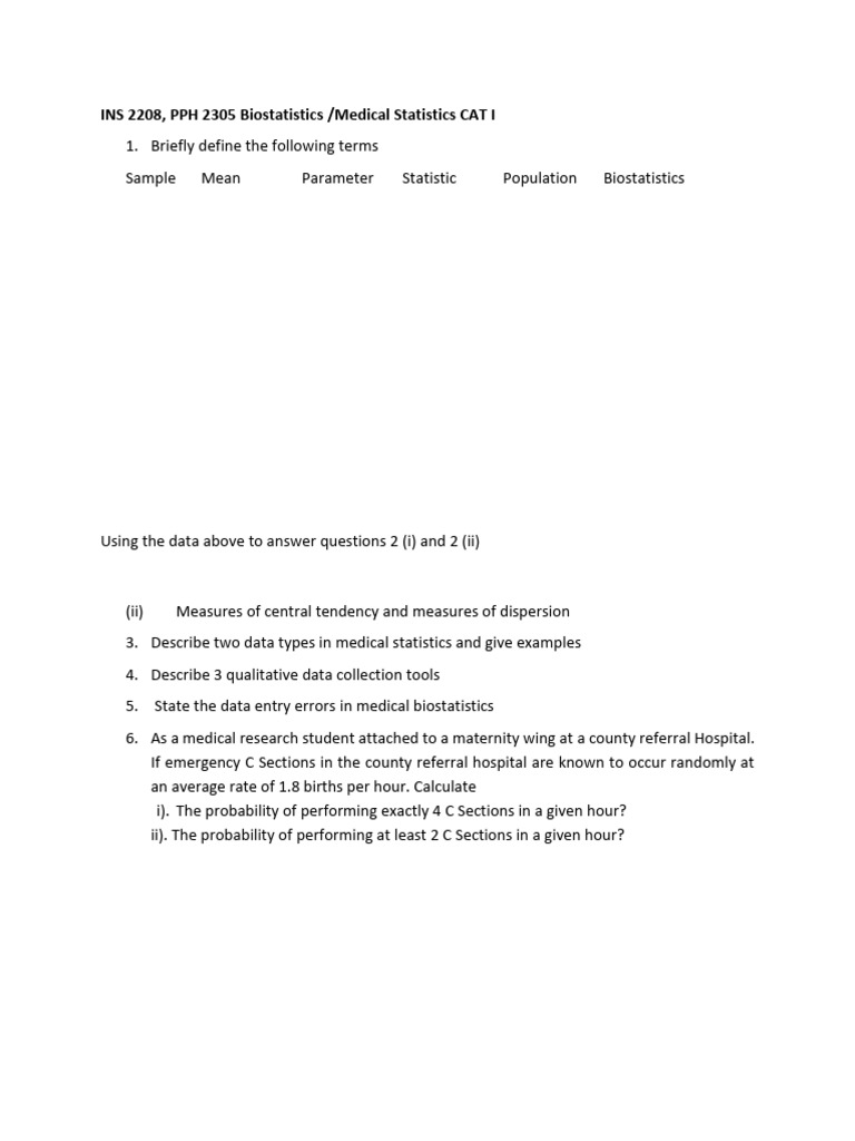PPH 2305 Biostatistics & PHA 2112 CAT-1 | PDF | Statistics | Biostatistics