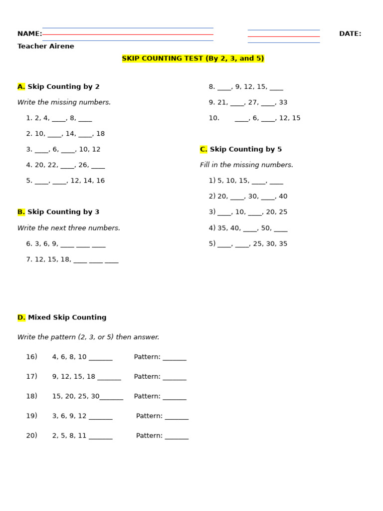 Skip Counting Test for Kids | PDF