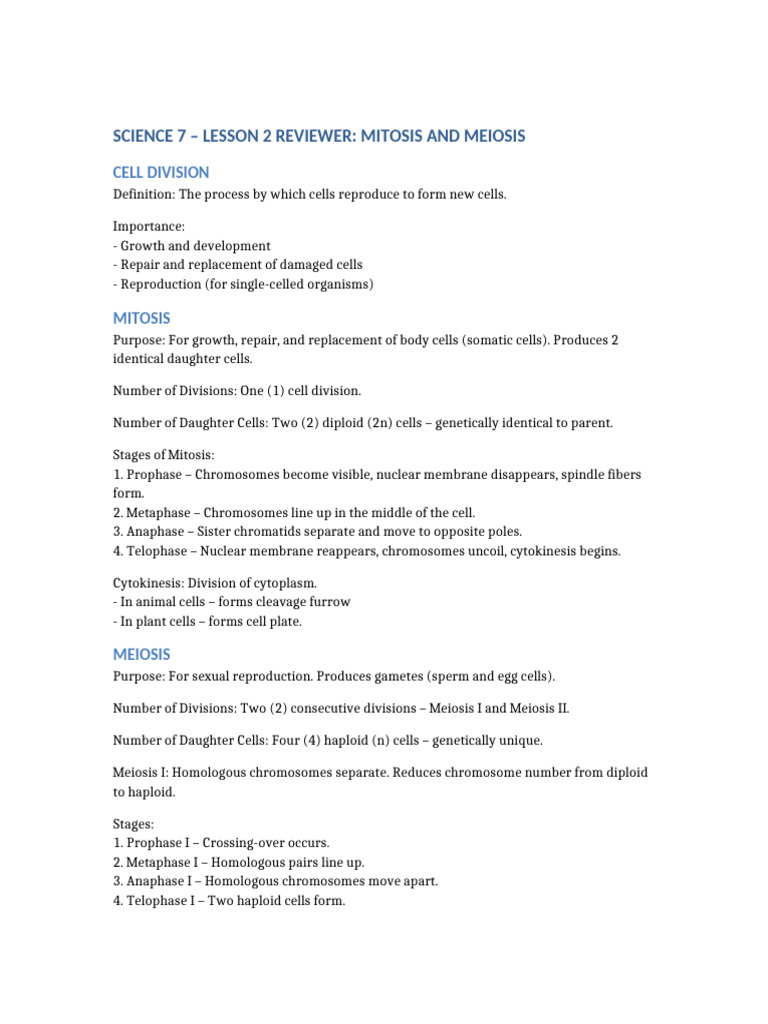 Mitosis and Meiosis Overview Guide | PDF | Meiosis | Mitosis