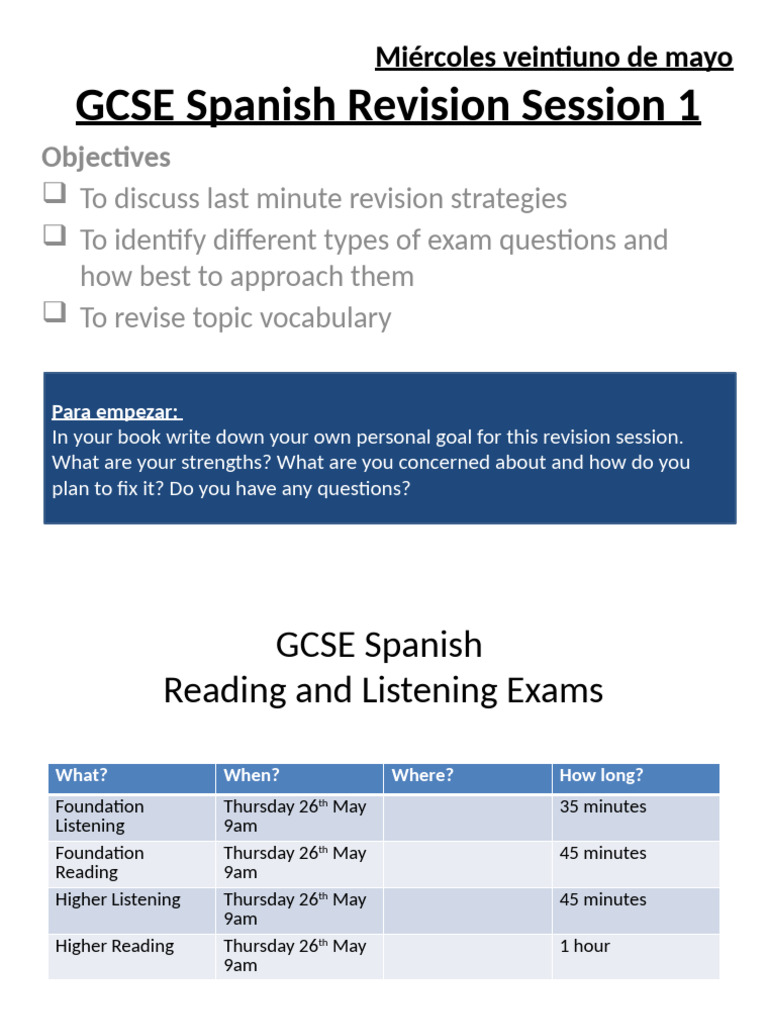 GCSE Spanish Exam Revision Strategies | PDF | Grammatical Tense ...