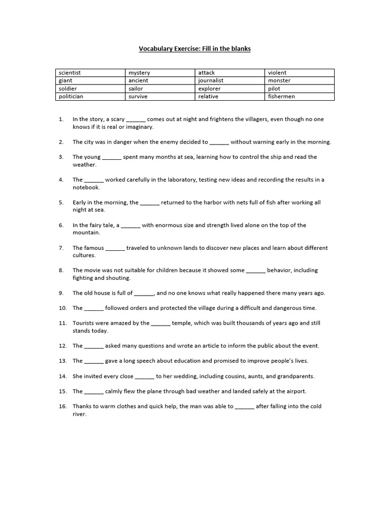 Vocabulary Fill-in-the-Blank Exercise | PDF
