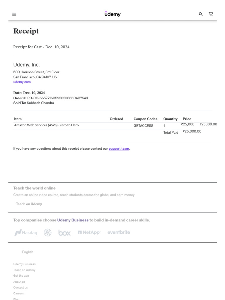 Udemy Receipt for AWS Course Purchase | PDF