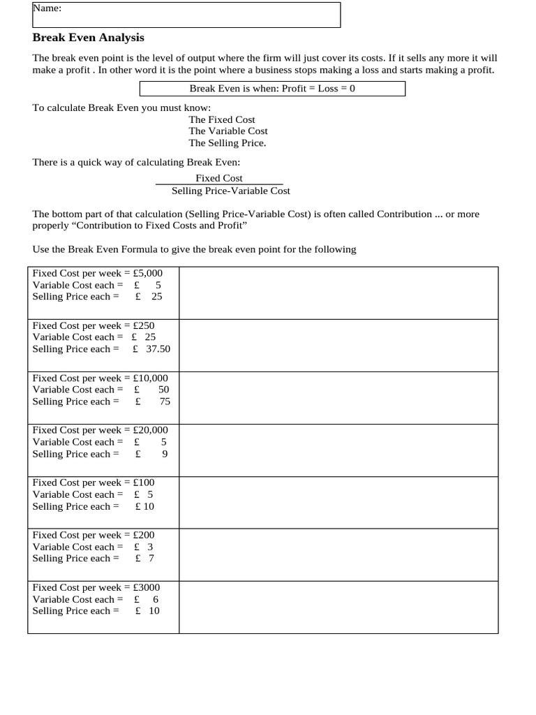 Break Even Analysis Revision | PDF | Business | Market (Economics)