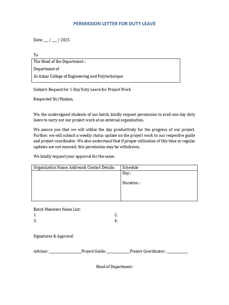 Permission Letter Duty Leave | PDF