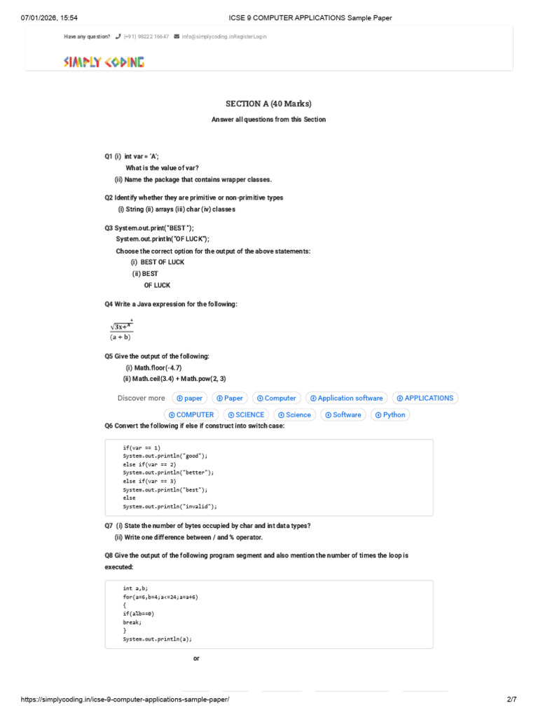 ICSE 9 Computer Applications Sample Paper | PDF | Integer (Computer ...