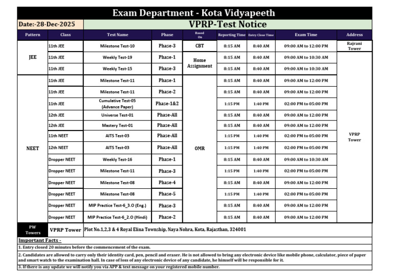 Test Notice VPRP 28-December-2025 | PDF | Higher Education | Student ...