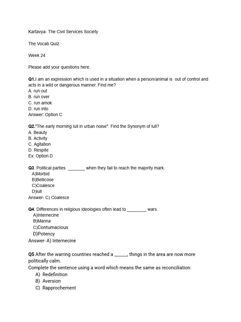 Vocab Quiz: Week 24 Questions & Answers | PDF