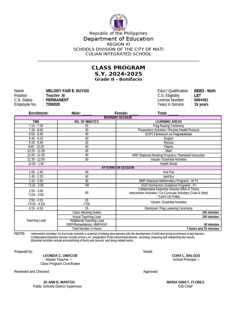 K 6 Class Program SY2024 2025 | PDF | Learning | Philippines
