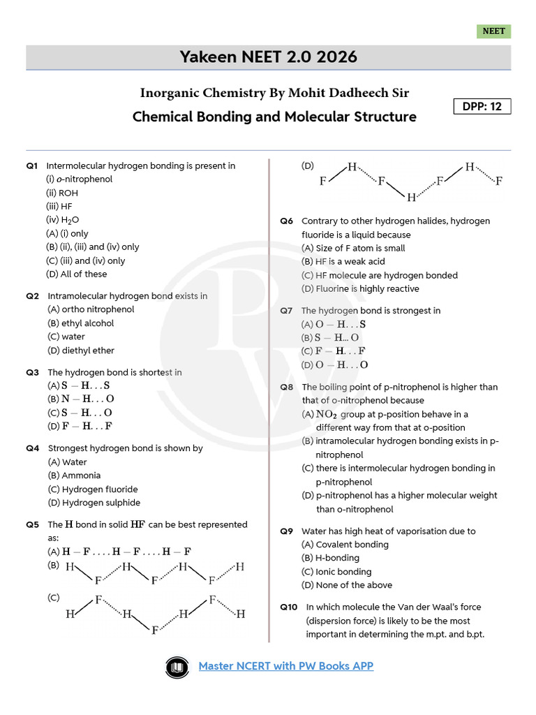 Chemical Bonding and Molecular Structure DPP 12 (of Lec 15) | PDF | Chemical Bond | Hydrogen Bond