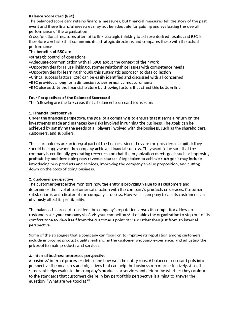 Balance Score Card | PDF | Goal | Business