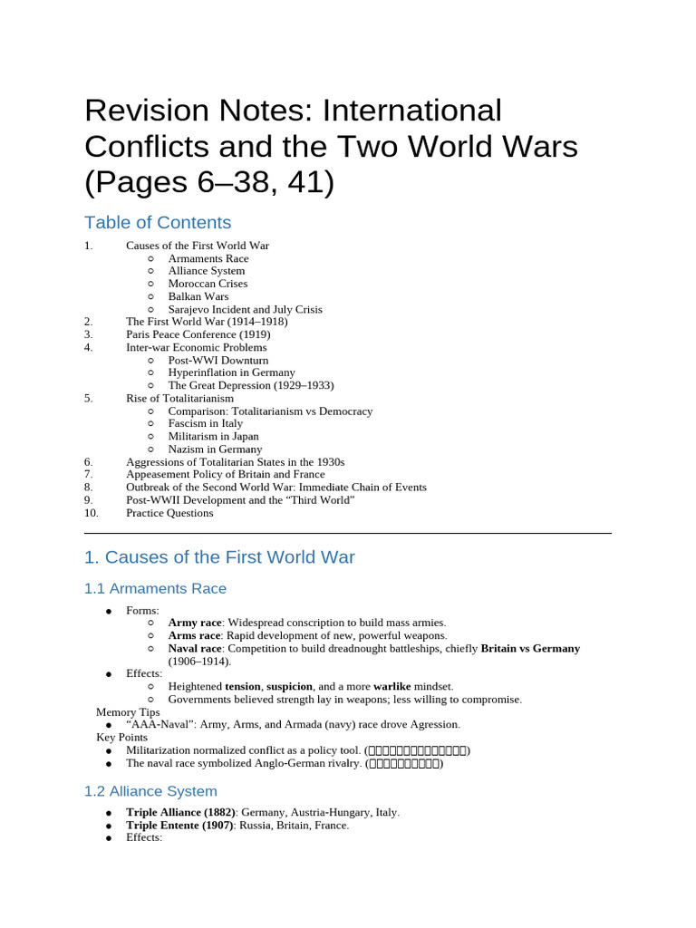 Revision Notes International Conflicts and The Two World Wars Pages 638 ...