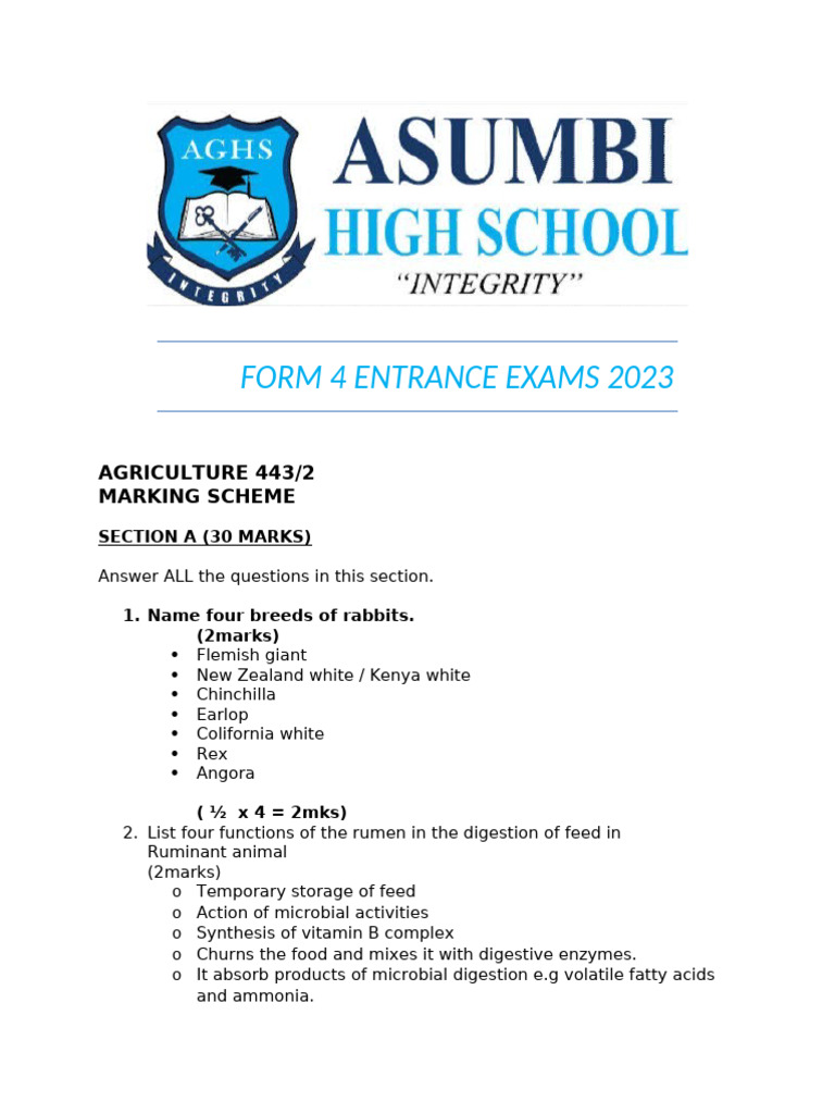 2023 Agriculture Form 4 Exam Marking Scheme | PDF | Cattle | Zoology