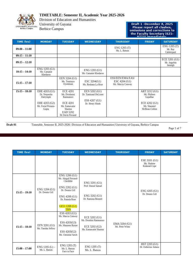 De&H Timetable - Semester 2, Draft 1, 2025-2026 | PDF | Human ...