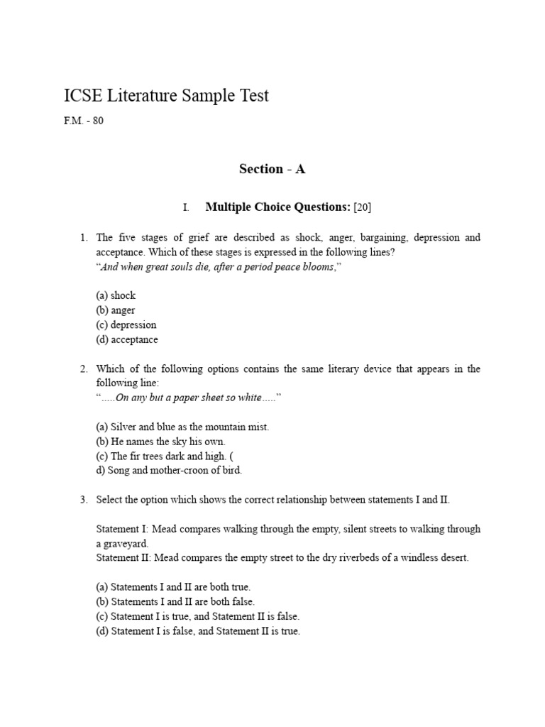 ICSE Literature Sample Test Questions | PDF | Mark Antony