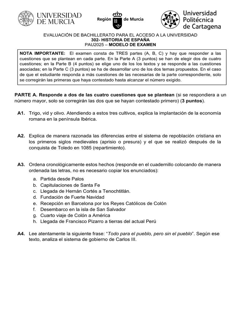 Examen PAU 2025: Historia de España | PDF | Constitución | España