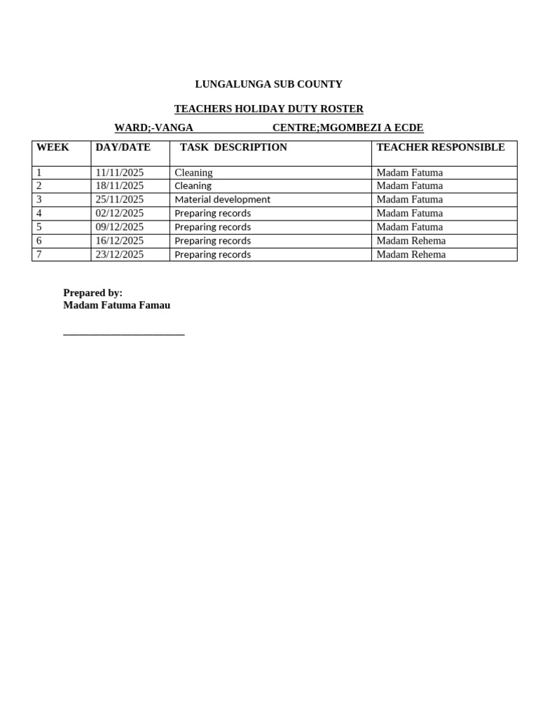 Holiday Duty Roster Template | PDF