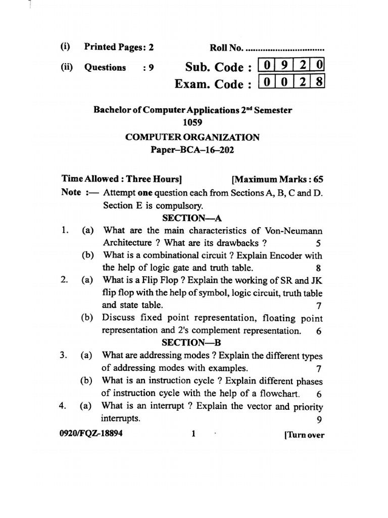 BCA 2nd Sem Computer Organization BCA-16-202 May 2019 | PDF