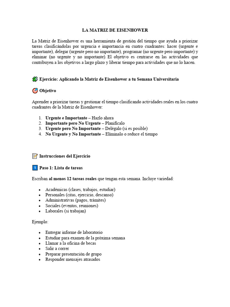 Matriz de Eisenhower para Priorizar Tareas | PDF | Gestión del tiempo ...