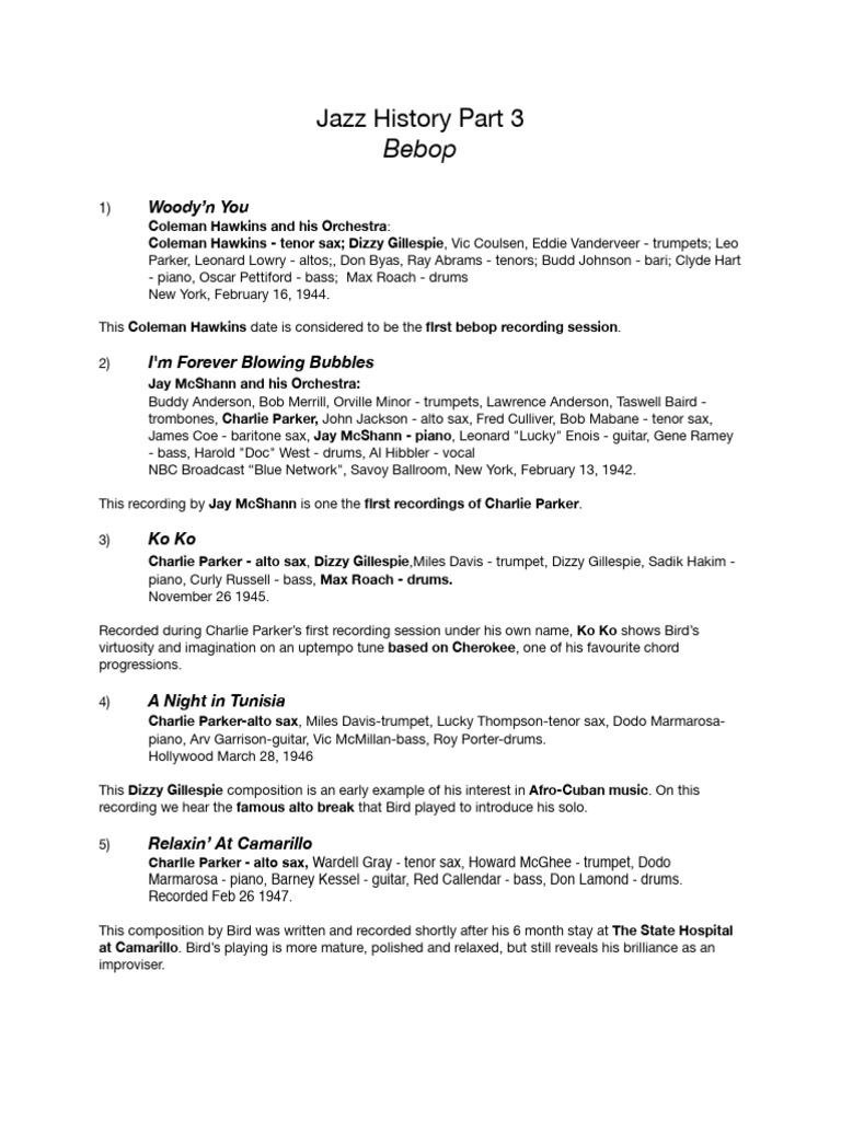 Bebop Jazz History: Key Recordings | PDF | Saxophone | Jazz Musicians