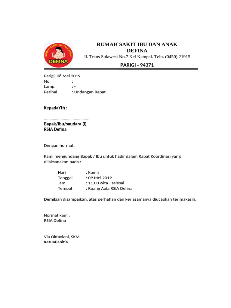 Undangan Rapat RSIA Defina 9 Mei 2019 | PDF