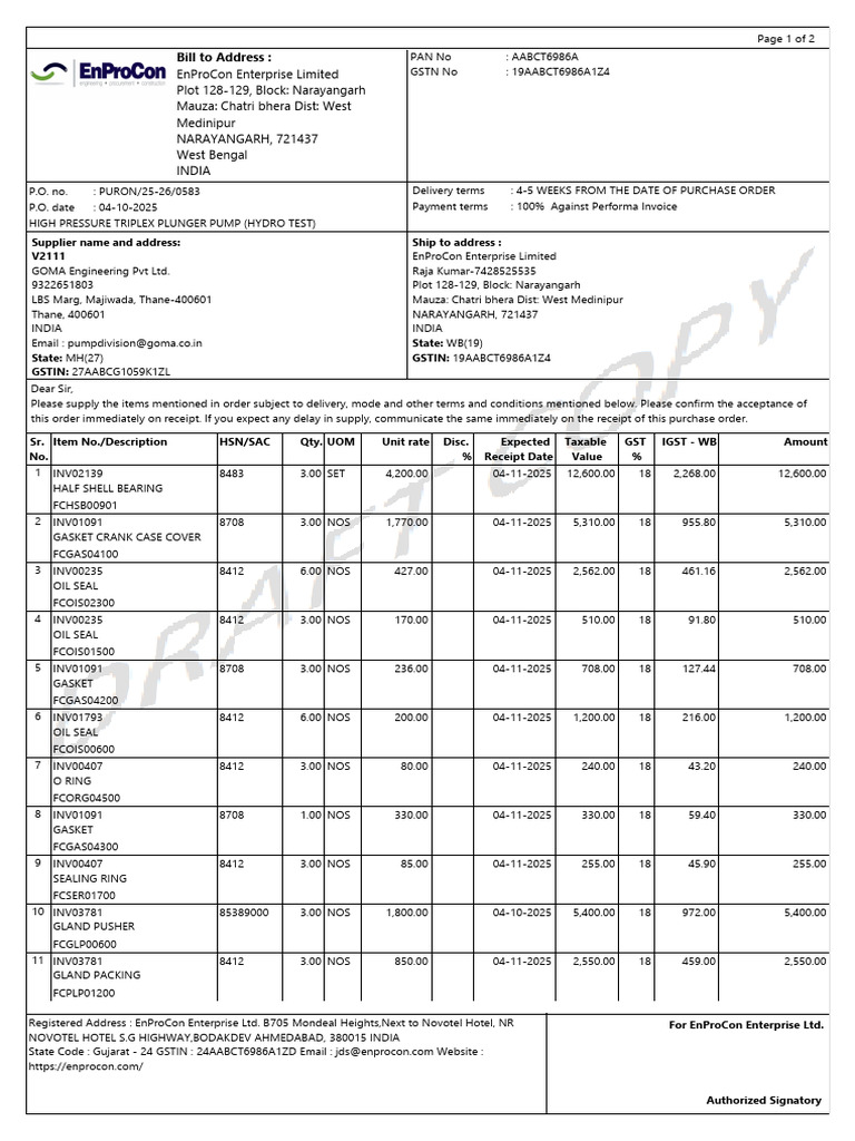 Purchase Order 584 Goma Engineering PVT LTD | PDF | Business Documents ...
