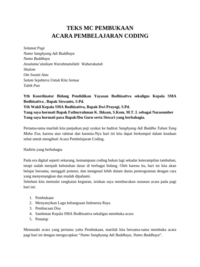 Teks MC Pembukaan Acara Pembelajaran Coding | PDF