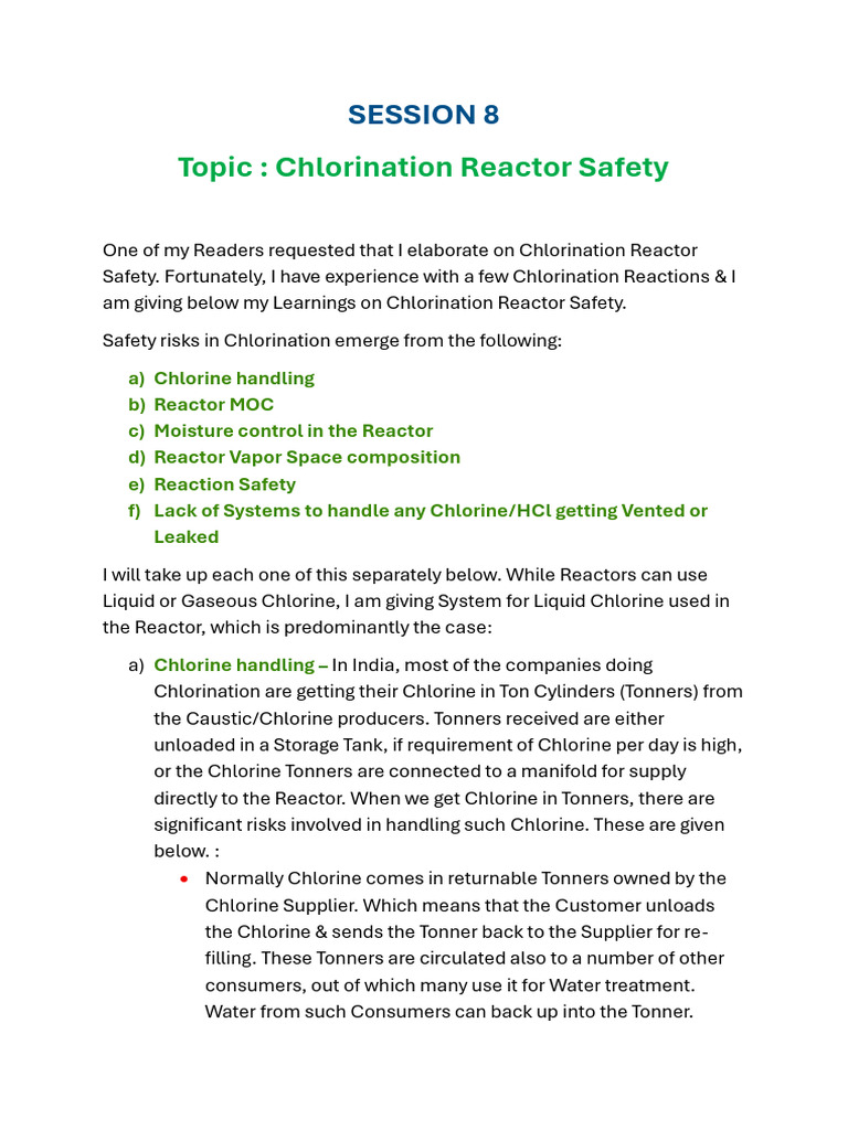 Chlorination Reactor Safety Guidelines | PDF | Chemical Reactor | Water