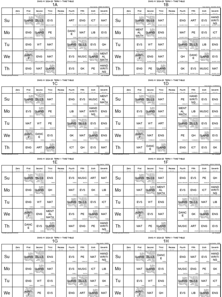 Dmis Class Timetable t1 Ay 2024-25 | PDF