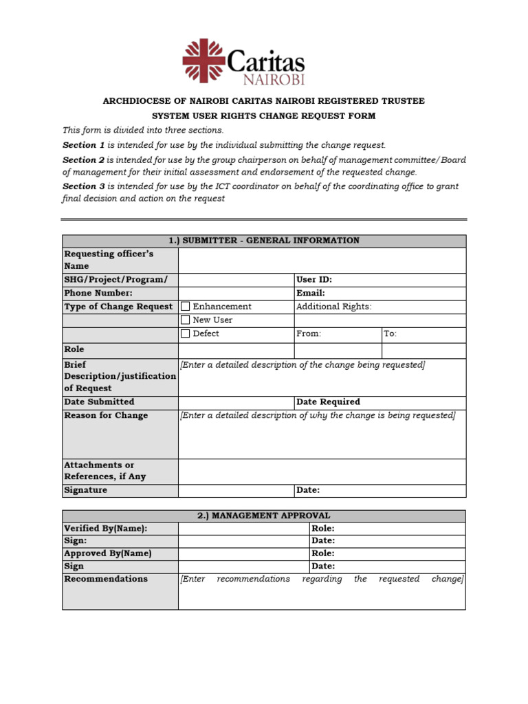 Caritas Nairobi User Rights Change Form | PDF