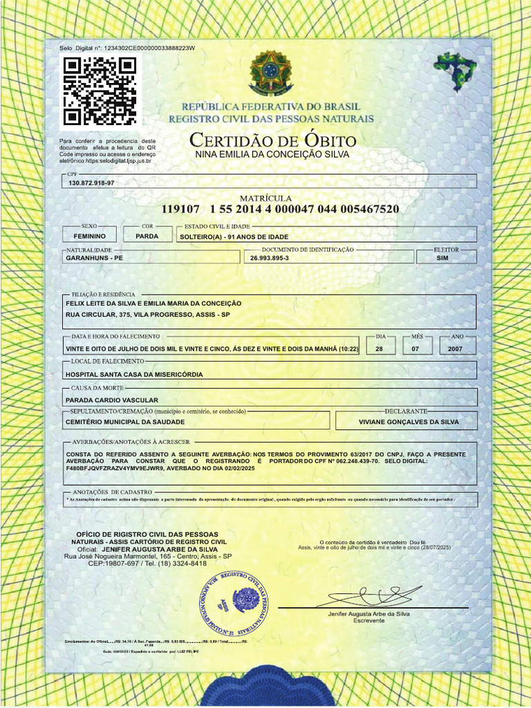 CERTIDAO DE OBITO (SP) (28.11.2025) - NINA | PDF