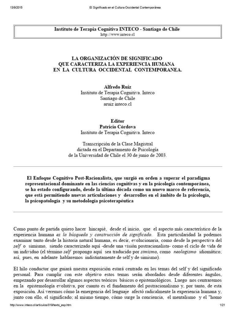 La Organización de Significado Que Caracteriza La Experiencia Humana en ...