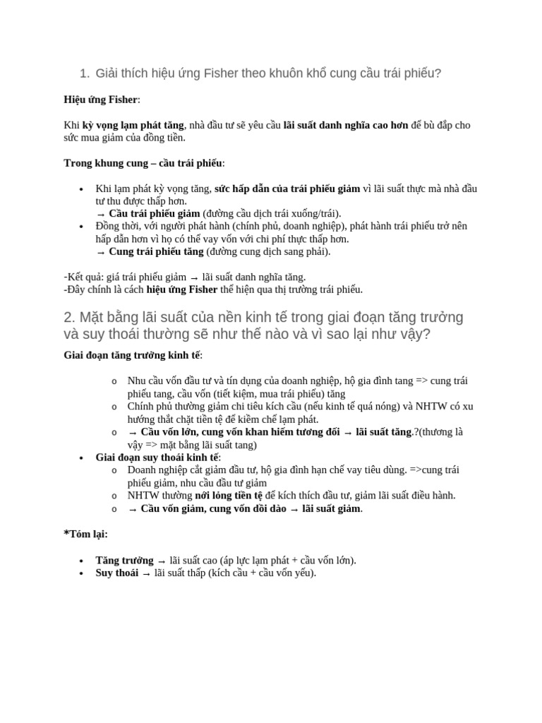 1. Giải thích hiệu ứng Fisher theo khuôn khổ cung cầu trái phiếu? | PDF