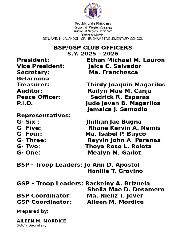 BSP/GSP Club Officers 2025-2026 | PDF