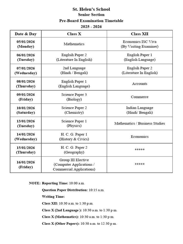 St. Helen's School Pre-Board Timetable 2026 | PDF