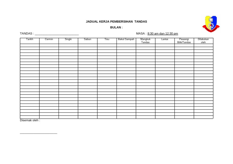 Template Jadual Kerja Pembersihan Tandas Kosong | PDF