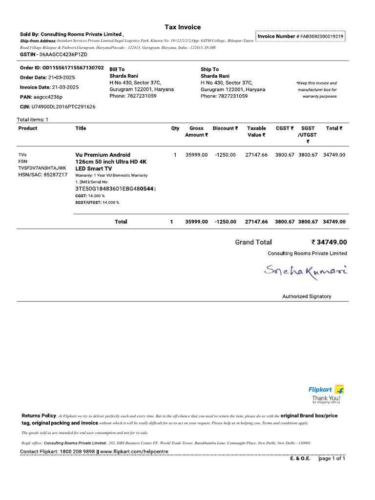 Flipkart Return Policy and Address Details | PDF
