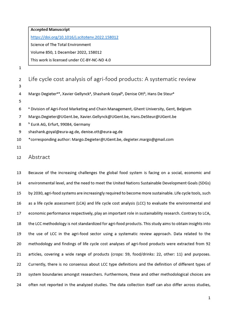 Life Cycle Cost Analysis in Agri-Food Systems | PDF | Life Cycle ...