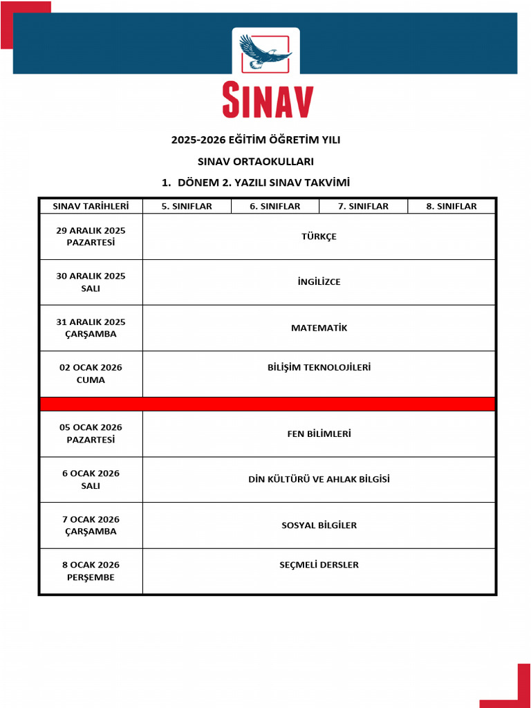 (Güncel) 2025-2026 1. Yariyil 2. Yazili Sinav Takvi̇mi̇ | PDF