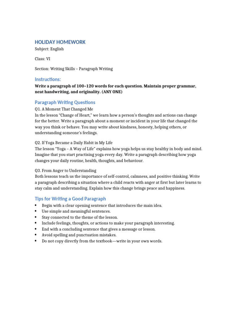 Class 6 English Holiday Homework | PDF