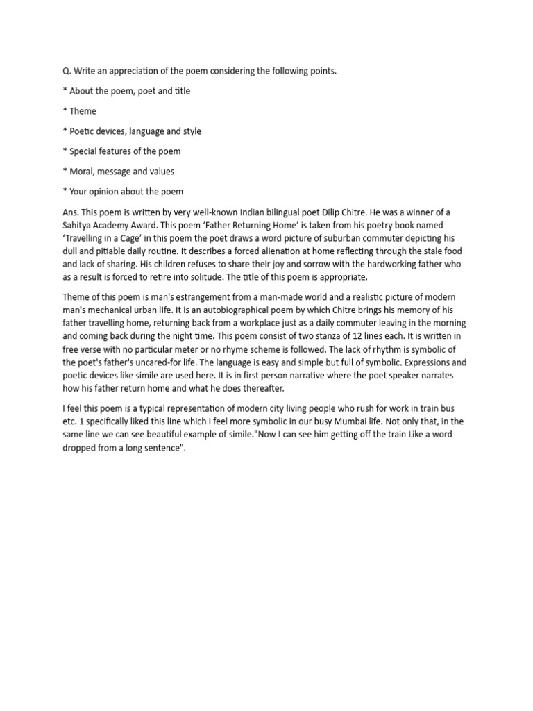 Analysis of "Father Returning Home" Poem | PDF