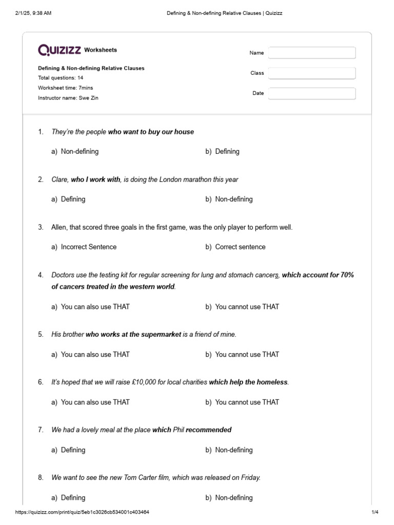 Relative Clauses Worksheet Quiz | PDF | Chess Openings | Chess