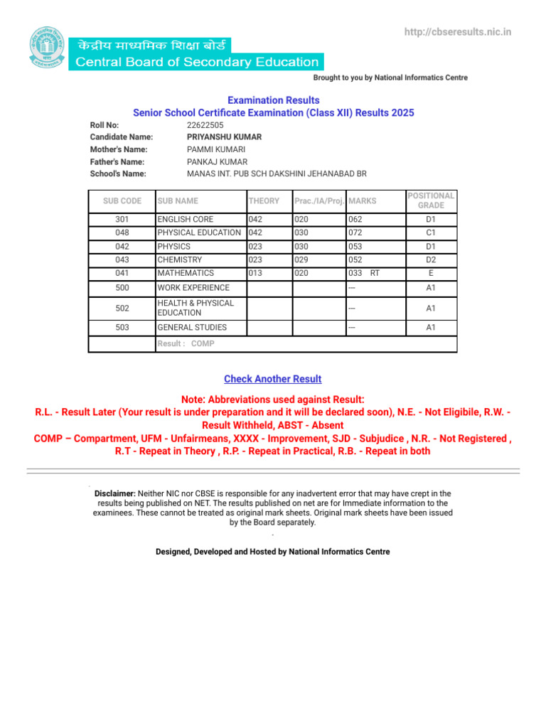 CBSE Class XII Results 2025 for Priyanshu | PDF