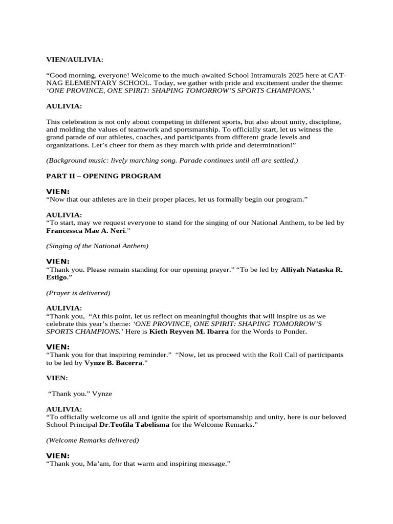 Script For School Intramurals Opening Program | PDF