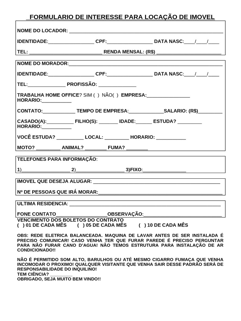 FORMULARIO DE INTERESSE PARA LOCAÇÃO DE IMOVEL | PDF