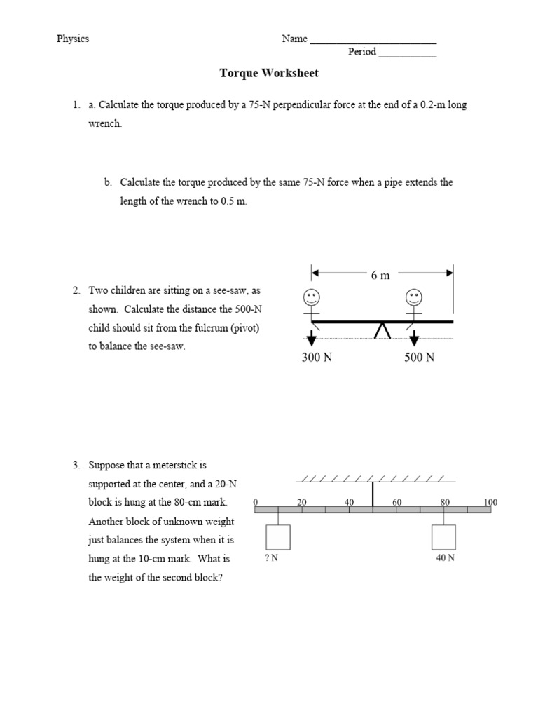 Torque Calculations and Problems Worksheet | PDF | Lever | Torque