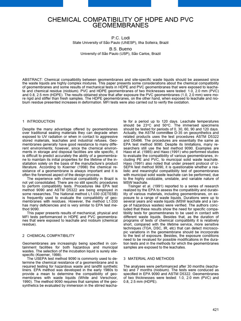 Chemical Compatibility of HDPE and PVC Geomembranes | PDF | Polymers ...