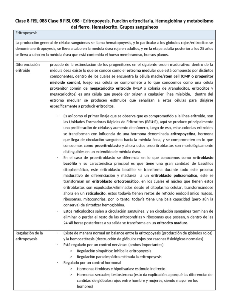 Ficha Resumen - Clase 8 FISL 088 (2) | PDF | Glóbulo rojo | Tipo de sangre